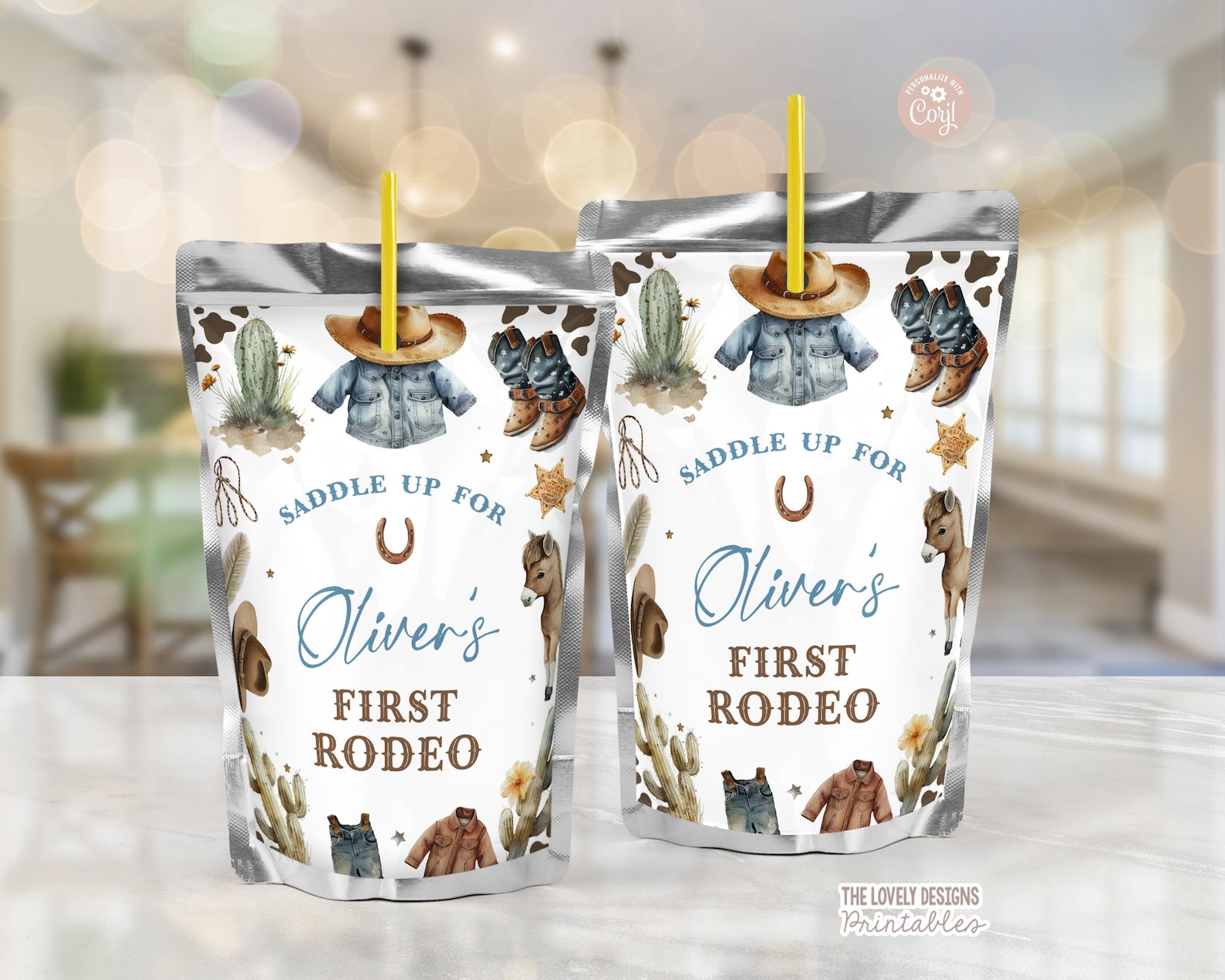 Cowboy Juice Pouch Editable Cowboy Birthday Juice Bag Labels Horse ...
