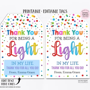 Thank You for Being a Light in My Life Candle Tag, Lights Gift ...