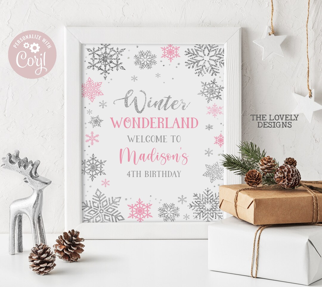 Editable Winter Wonderland Welcome Sign Winter Snowflakes Hot Pink ...