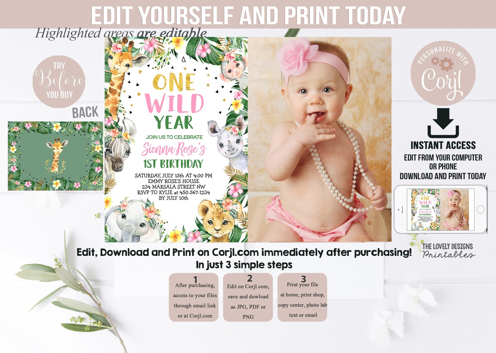Editable ONE Wild Year Birthday Photo Invitation ONE Wild Year Jungle ...