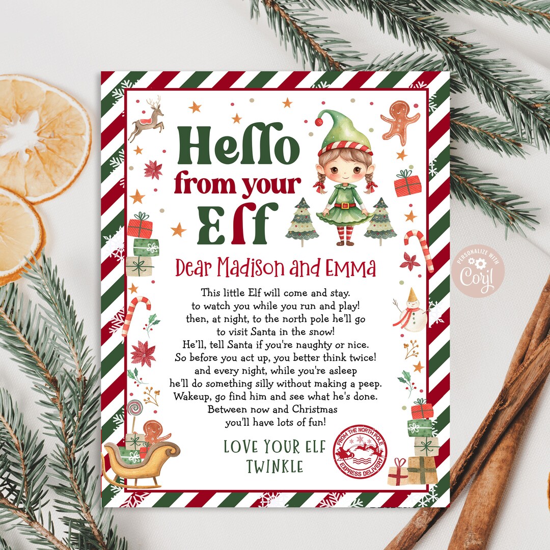 Editable Hello From Your Elf Letter Santa's Elf Girl First Arrival ...