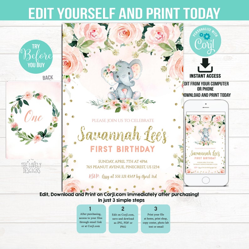Pink Floral Elephant Invitation Elephant Pink and Gold - Etsy