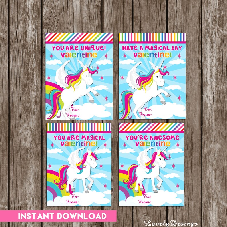 Unicorn Kids Valentines Cards Printable Rainbow Unicorn - Etsy