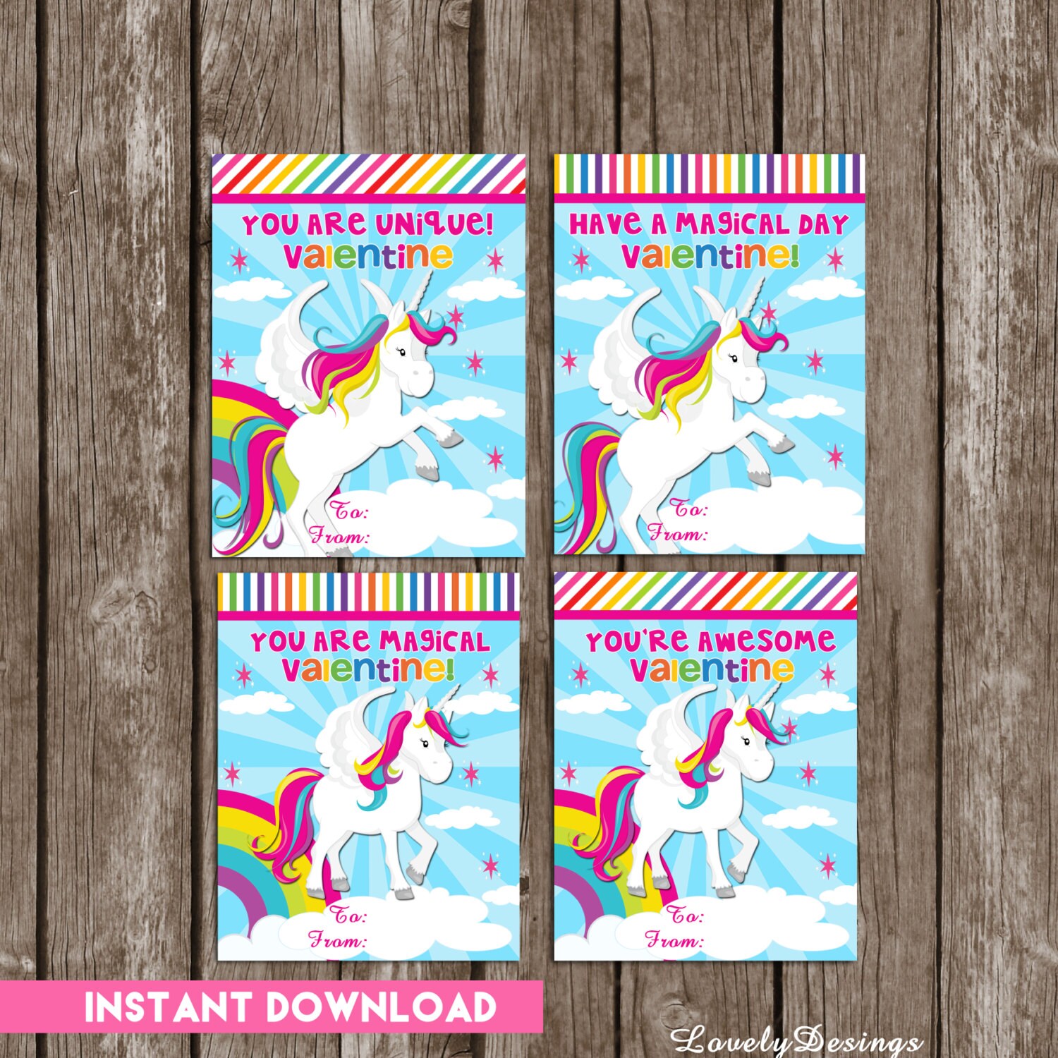 Unicorn Kids Valentines Cards Printable Rainbow Unicorn - Etsy