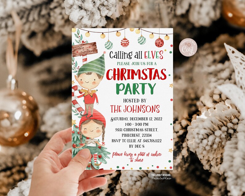 Editable Elf Christmas Party Invitation, Cute Elves Kids Party, Elf ...