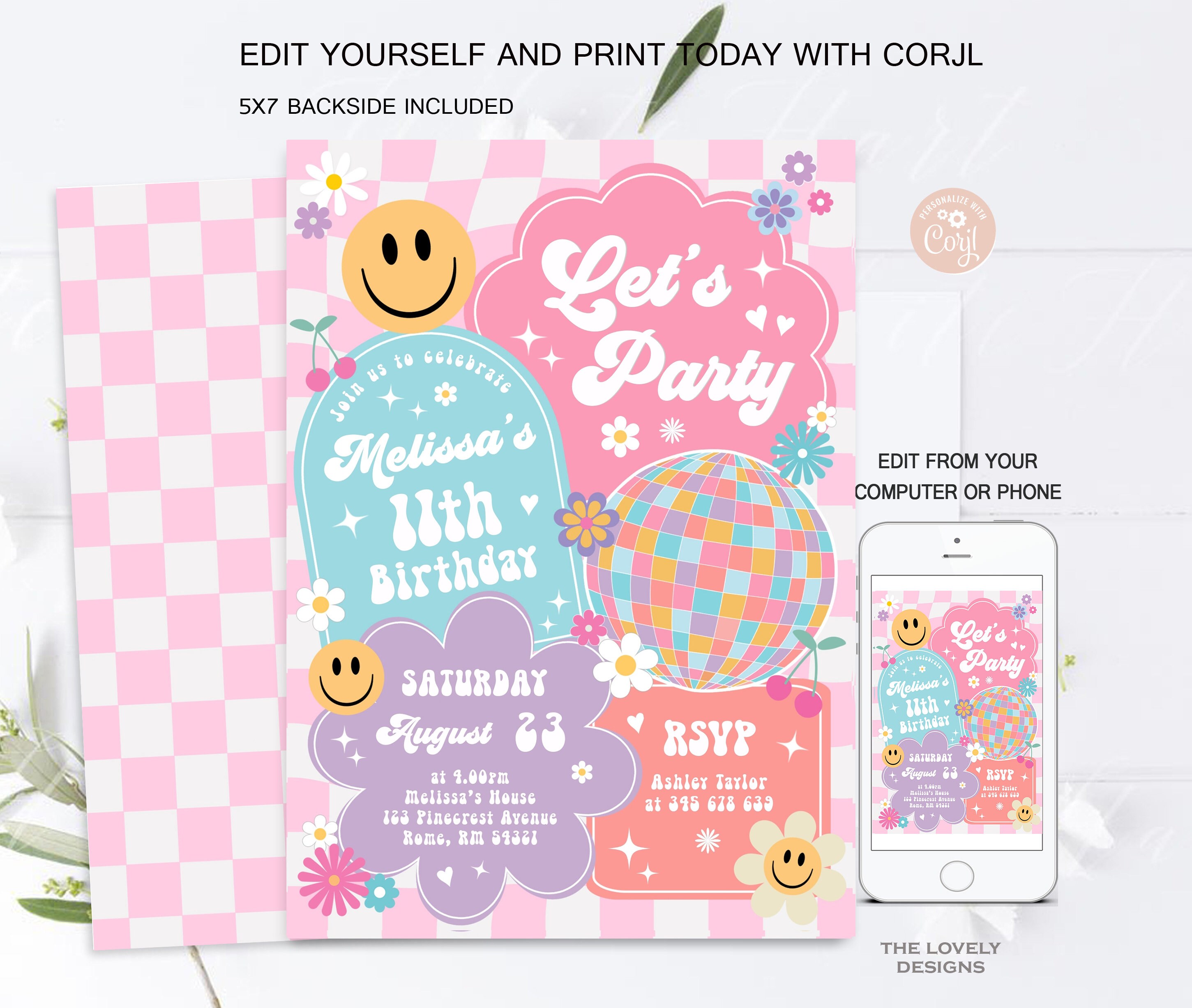 Editable Let's Party Retro Checkered Smile Face Invitation Groovy ...