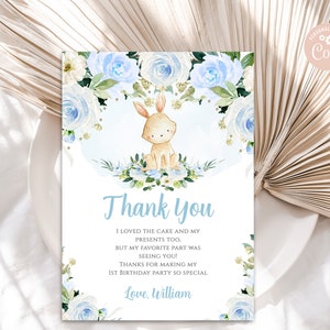 EDITABLE Boy Bunny Thank You Card Bunny Birthday Party Card Easter ...