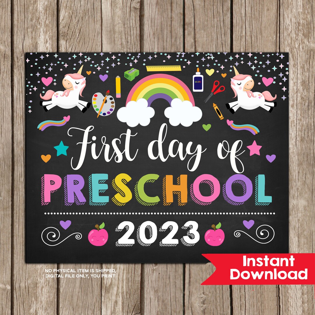 Unicorn First Day of Preschool Sign INSTANT DOWNLOAD Photo Prop, Back ...