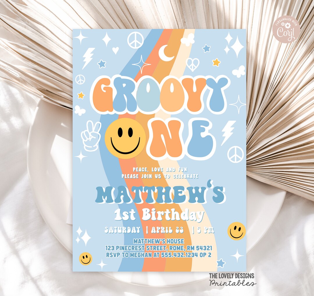 EDITABLE Boy Groovy One Invitation Smile Face Groovy 1st Birthday ...