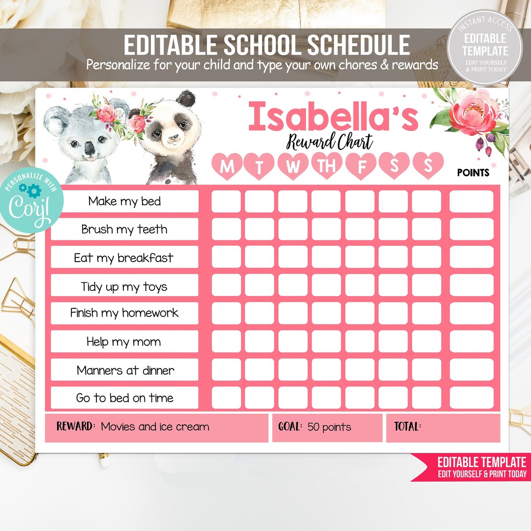 Editable Panda Koala Reward Chart Reward Chart for Kids Pink Routine ...