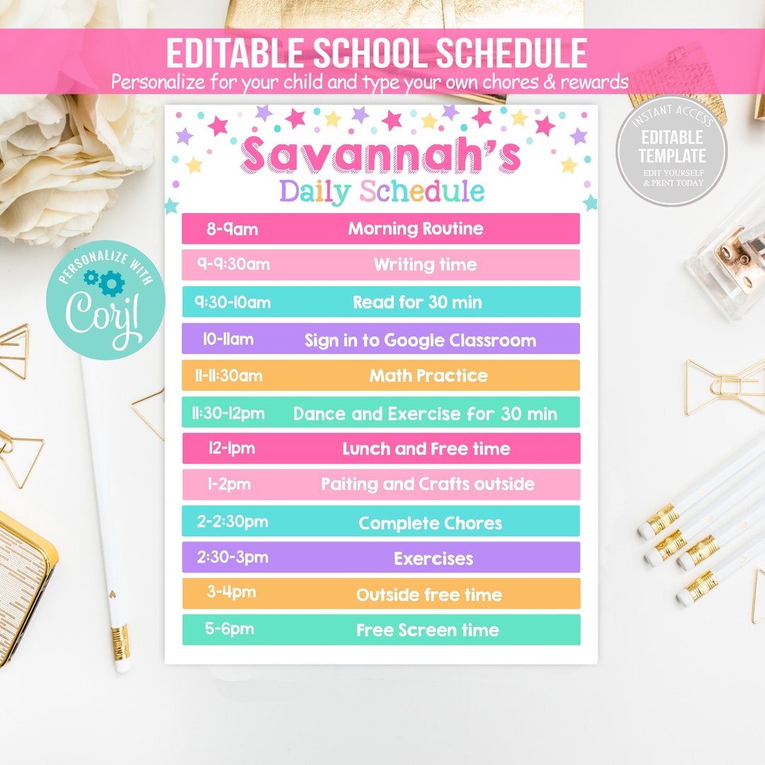Editable Girl Home School Schedule Daily Routine Homework Daily ...