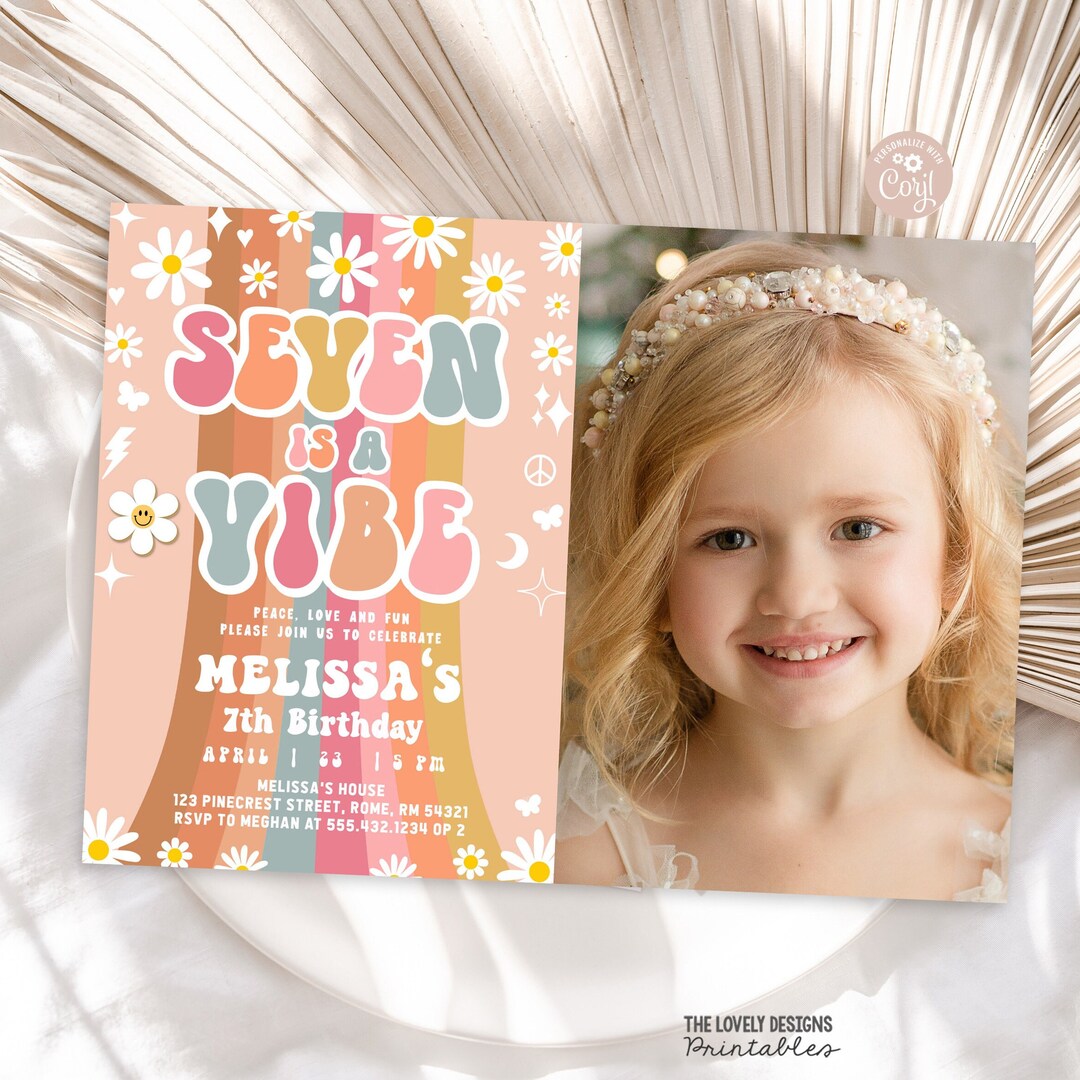 Groovy 7th Birthday Retro 70's With Photo Editable Invitation Seven is ...