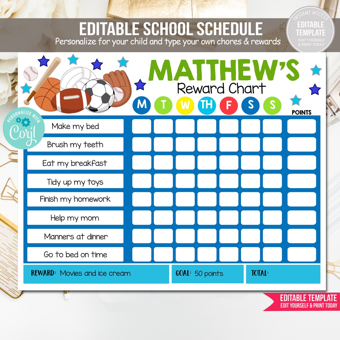 Editable Sports Reward Chart Soccer Baseball Sport Reward for - Etsy