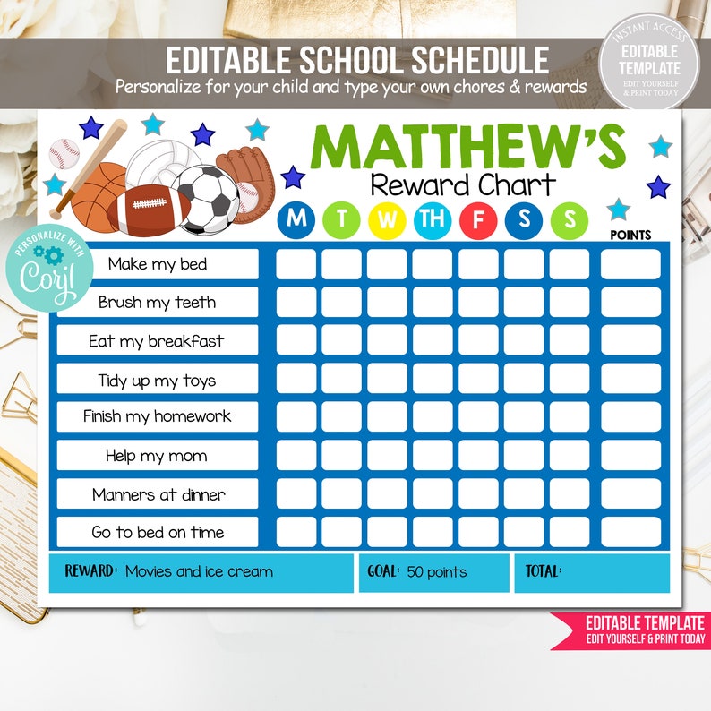 Editable Sports Reward Chart Soccer Baseball Sport Reward for - Etsy