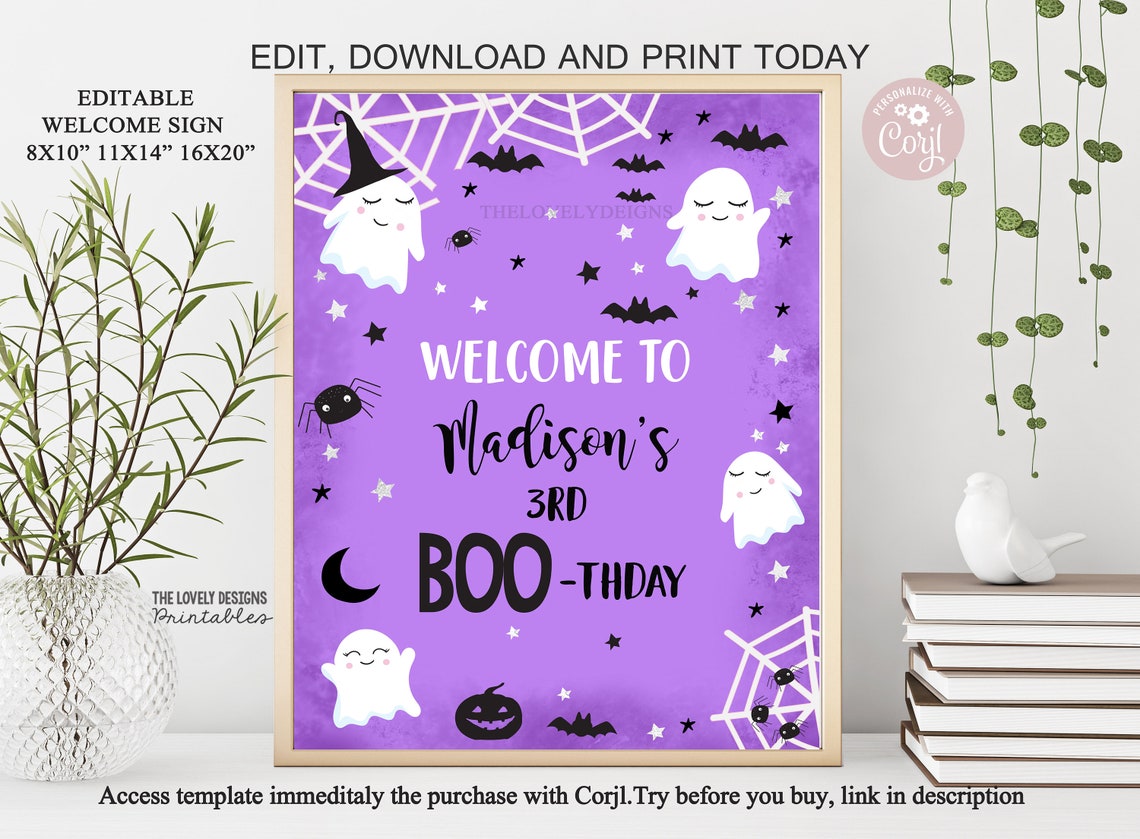 Editable Halloween Welcome Sign Halloween Birthday Purple Ghost Sign ...