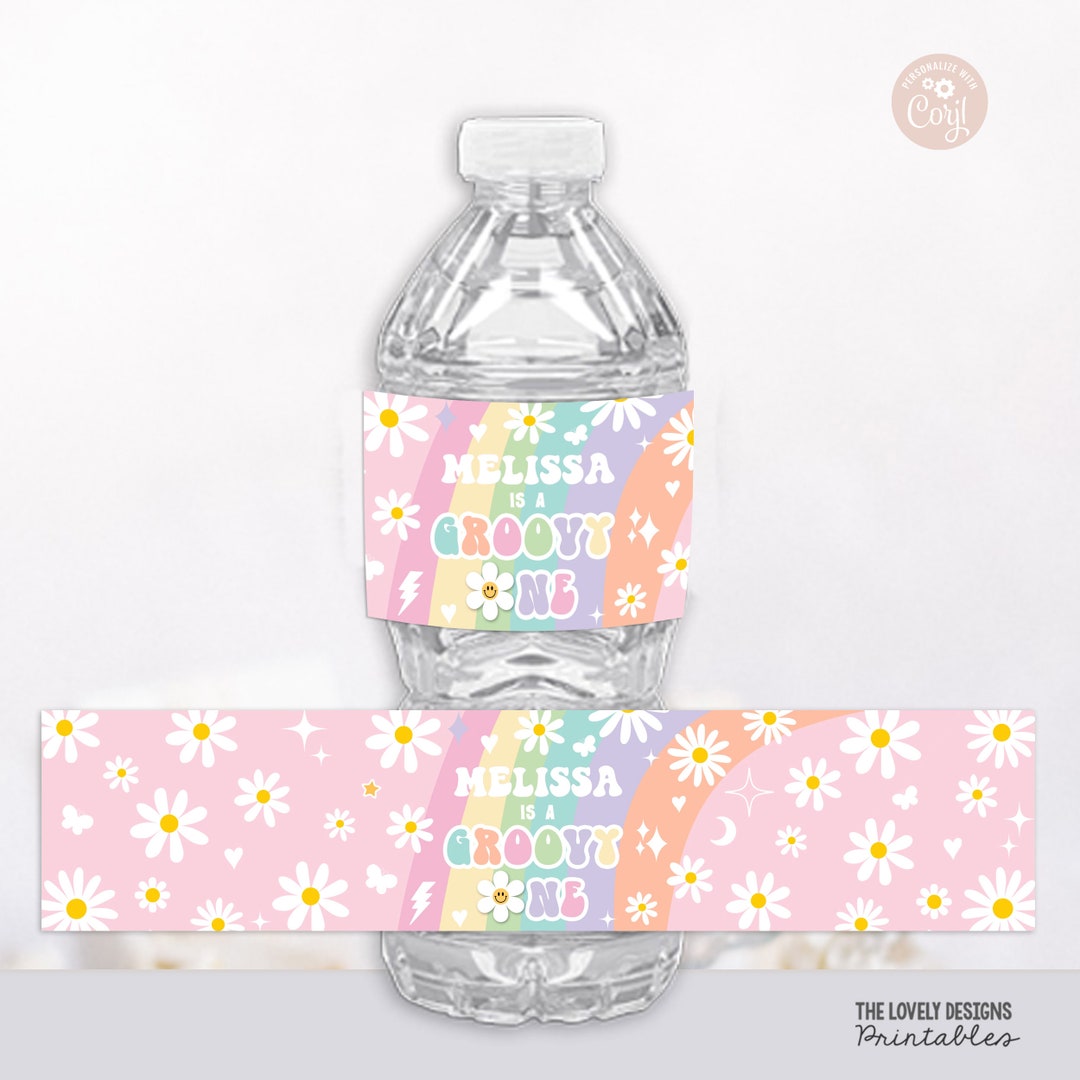 EDITABLE Daisy Groovy One Bottle Label Groovy 1st Birthday Rainbow Pink ...