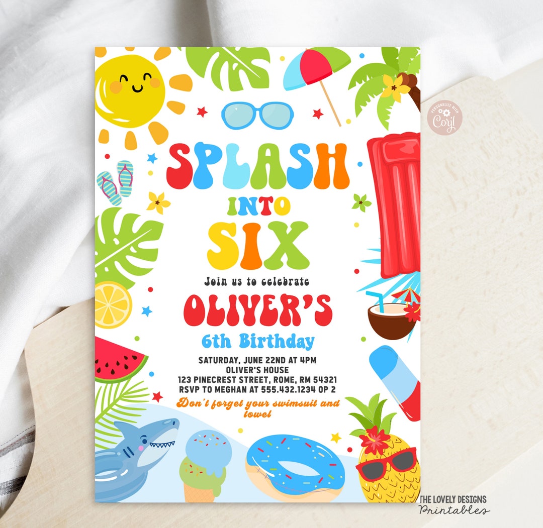 Splash Into Six 6th Birthday Pool Party Editable Invitation Summer ...