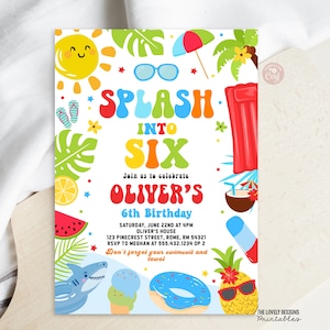 Splash Into Six 6th Birthday Pool Party Editable Invitation Summer ...