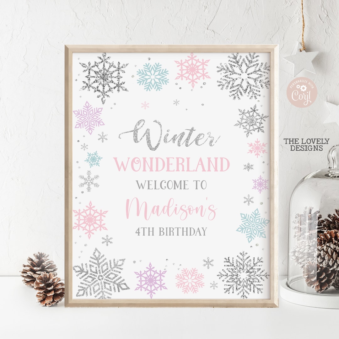 Editable Winter Wonderland Welcome Sign Winter Birthday Snowflakes Pink ...