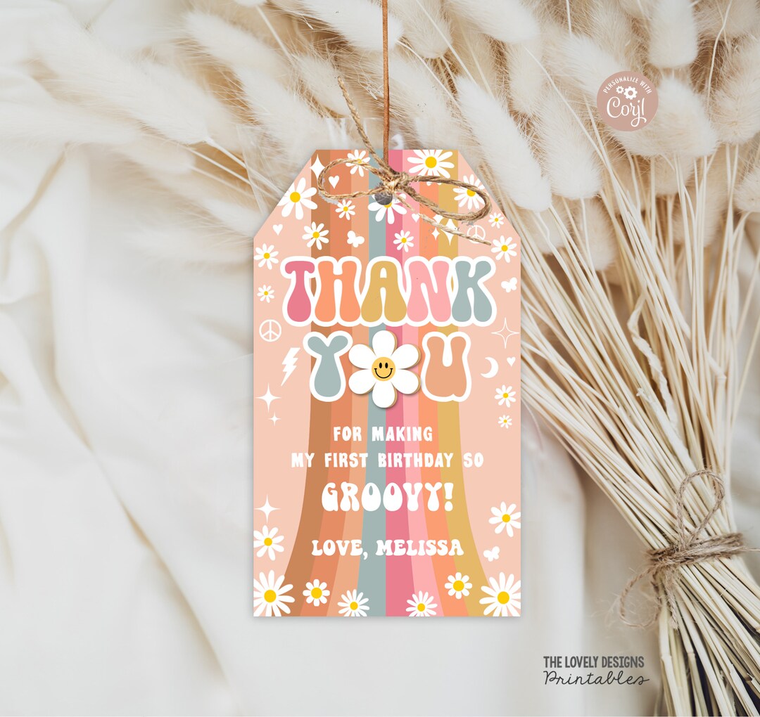 Editable Groovy Favor Tag Groovy Birthday Rainbow Orange Gift Tag Daisy ...