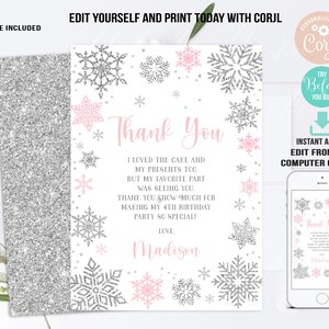 EDITABLE Winter Thank You Card Winter Birthday Party Snowflakes Pink ...
