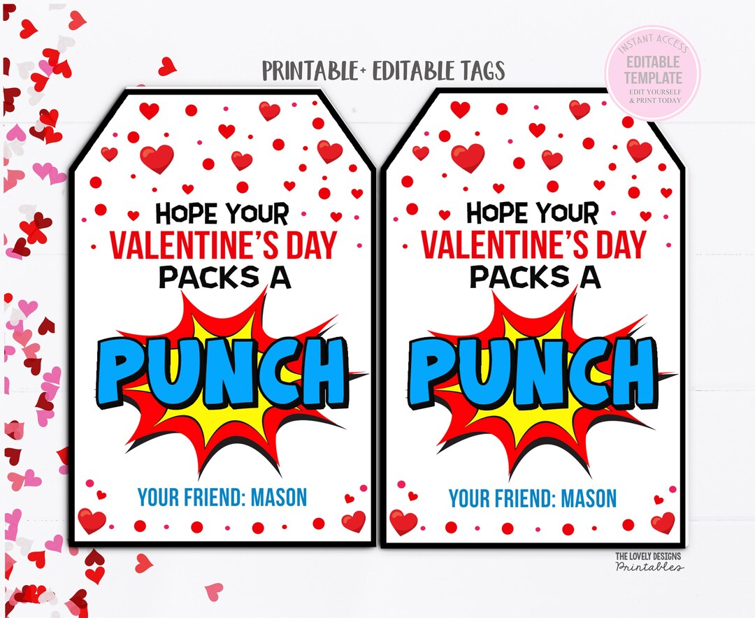 Packs a Punch Valentine Tag, Juice Fruit Punch Valentine, Superhero ...