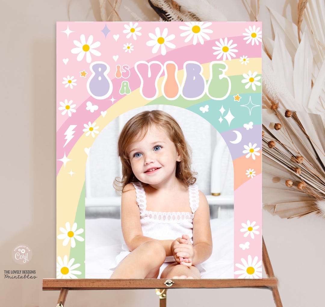 EDITABLE Daisy Groovy Eight is a Vibe Sign Groovy Birthday Rainbow Pink ...