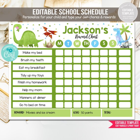 Editable Dinosaur Reward Chart Dinosaur Reward for Kids | Etsy