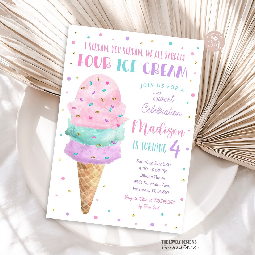 Four Ice Cream Birthday Invitation Four Ice Cream Cone Pink Mint Gold ...