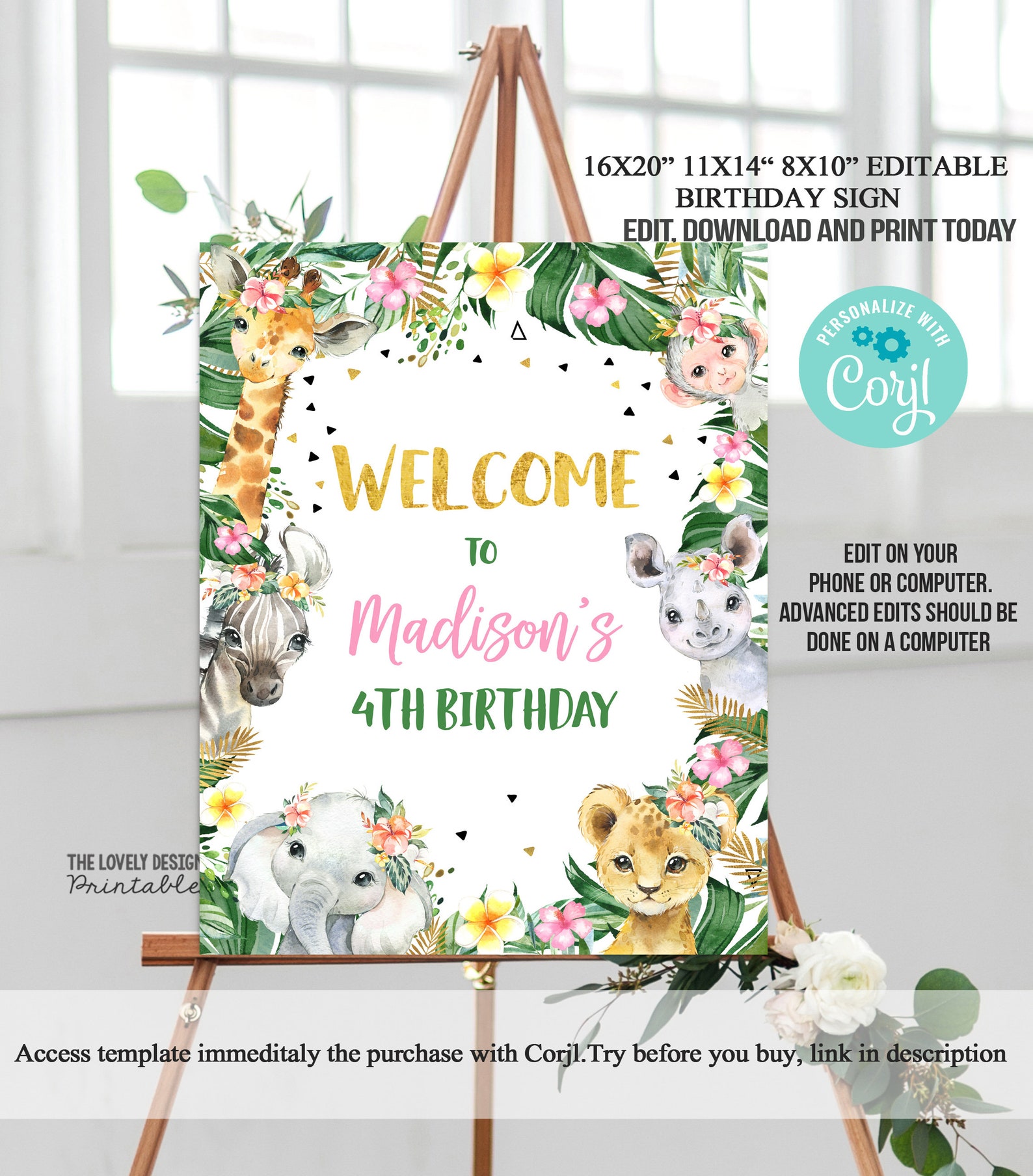Editable Jungle Welcome Sign Jungle Birthday Party Sign Jungle Girl ...