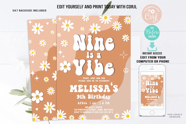 EDITABLE Groovy 9th Birthday Invitation Nine is a Vibe Daisy - Etsy