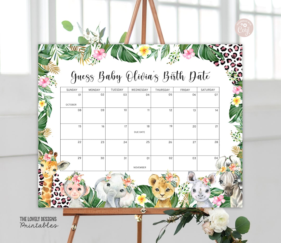 EDITABLE Baby Due Date Calendar Leopard Print Guess Baby's Birthday ...