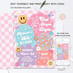Editable Peace Out Single Digits Checkered Smile Face Invitation Retro ...