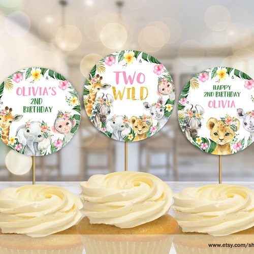 EDITABLE Jungle Two Wild Cupcake Toppers Jungle Girl 2nd | Etsy