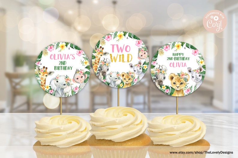 EDITABLE Jungle Two Wild Cupcake Toppers Jungle Girl 2nd | Etsy