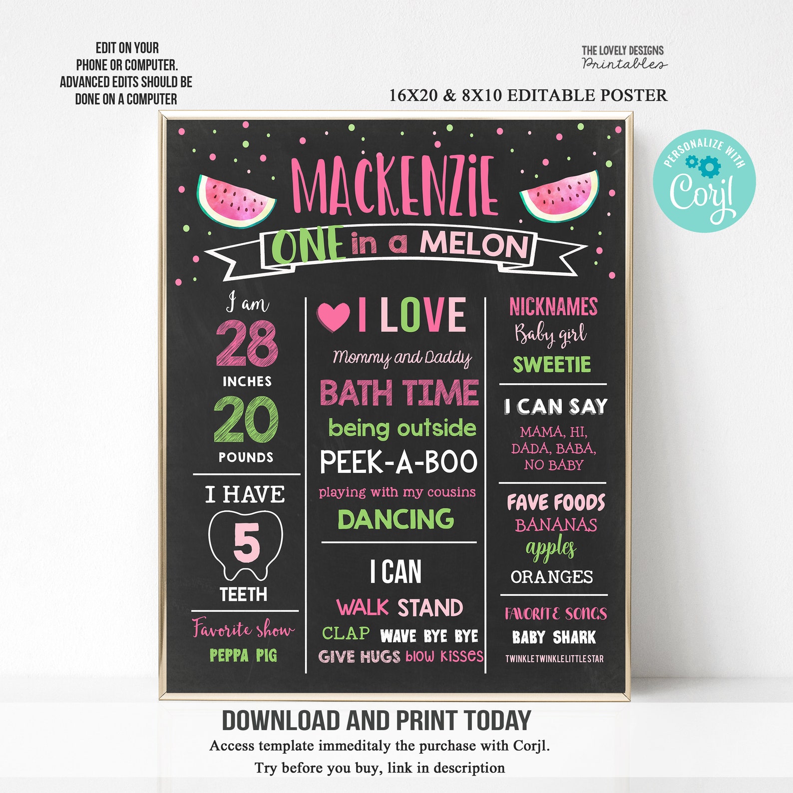 EDITABLE Watermelon Birthday Chalkboard One in a Melon - Etsy