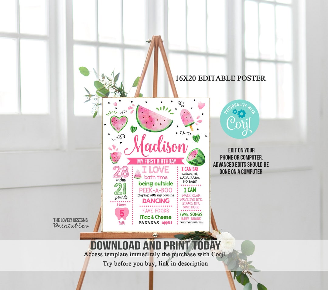 Editable Watermelon Birthday Chalkboard Watermelon Birthday, First ...