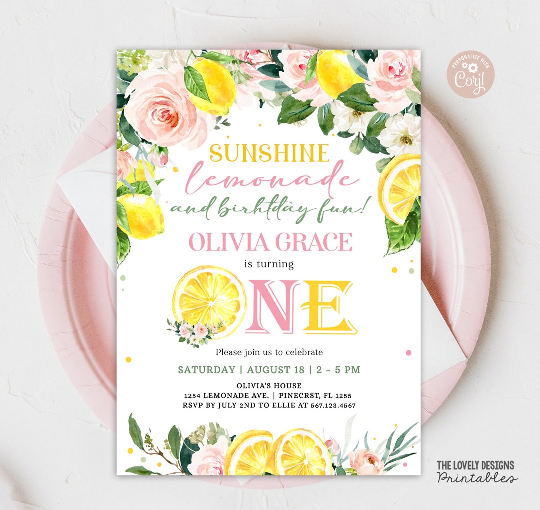 EDITABLE Lemonade First Birthday Invitation Sunshine Lemonade Birthday ...
