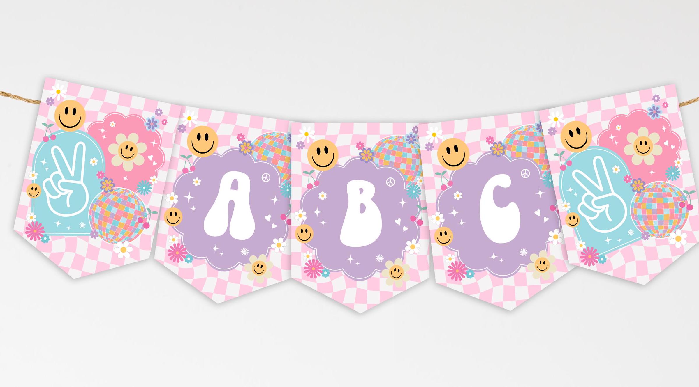 Banner A-Z Alphabet Numbers Smile Face Retro Groovy Birthday Bunting ...