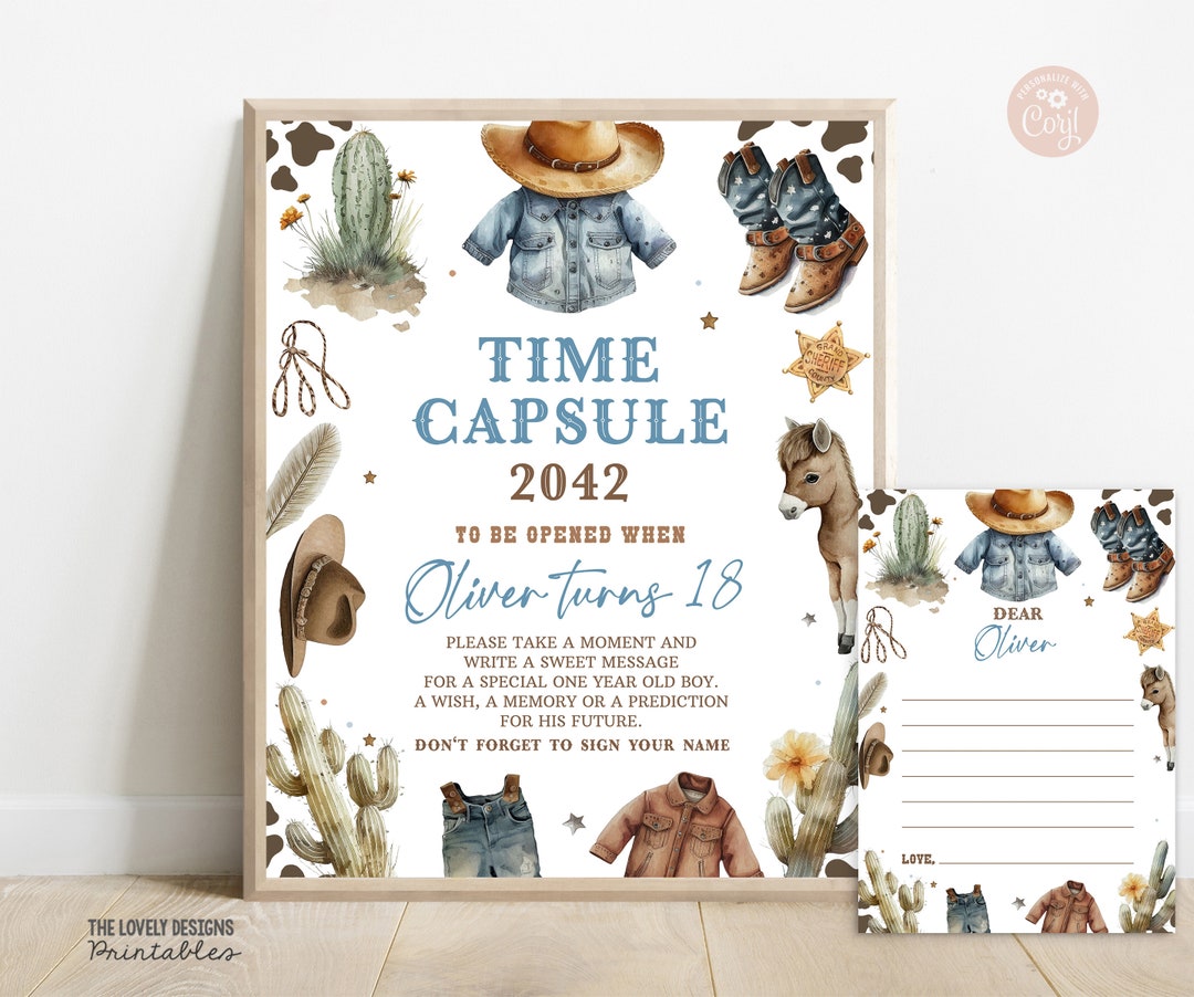 Cowboy Time Capsule Sign Matching Card Editable Cowboy 1st Birthday ...
