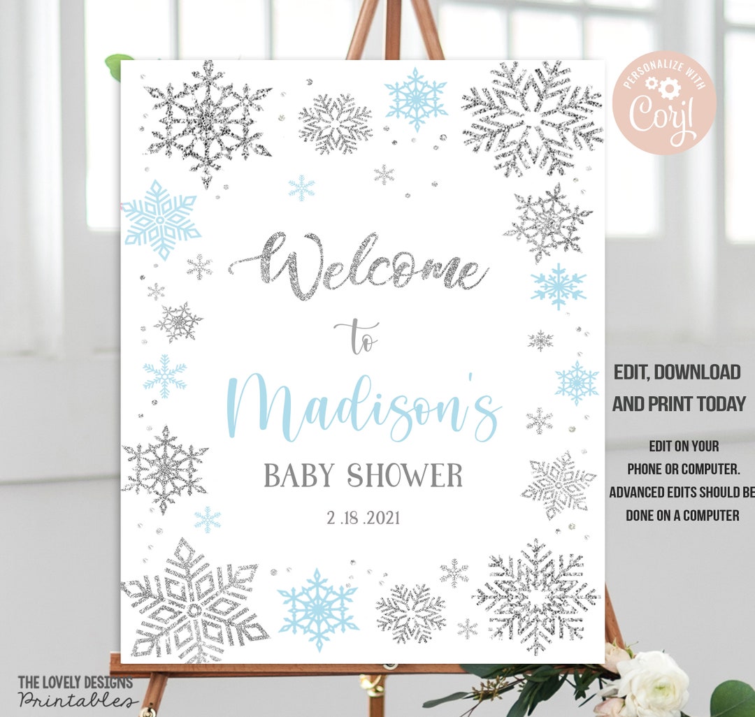 Editable Winter Baby Shower Welcome Sign Winter Snowflakes Blue and ...