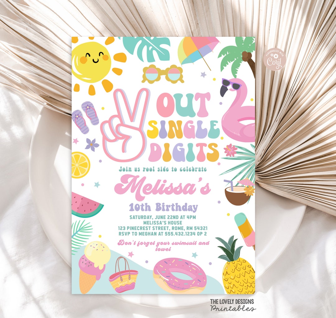 Editable Out Single Digits 10th Birthday Pool Party Invitation Splish ...