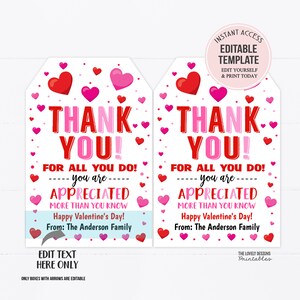Valentines Tag Thank You for All You Do Valentine's Day Gift Tags ...