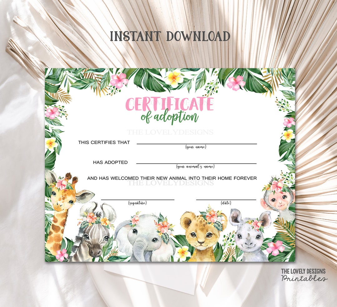 Adopt an Animal Adoption Certificate Jungle Girl Birthday Safari ...