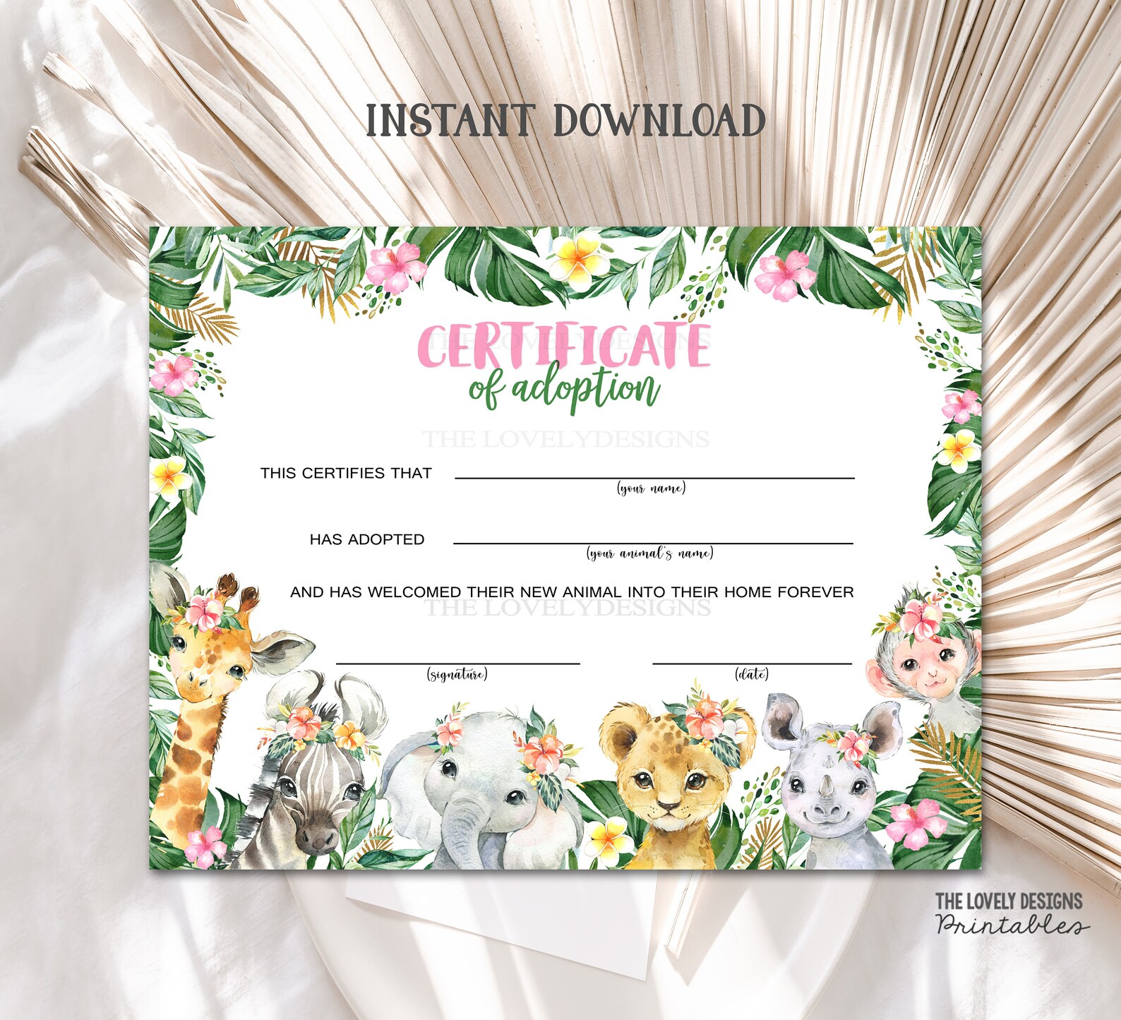 Adopt an Animal Adoption Certificate Jungle Girl Birthday Safari ...