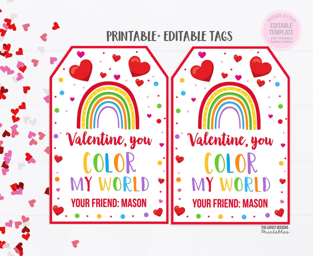 Rainbow Valentine's Gift Tag You Color My World Valentine Crayons ...