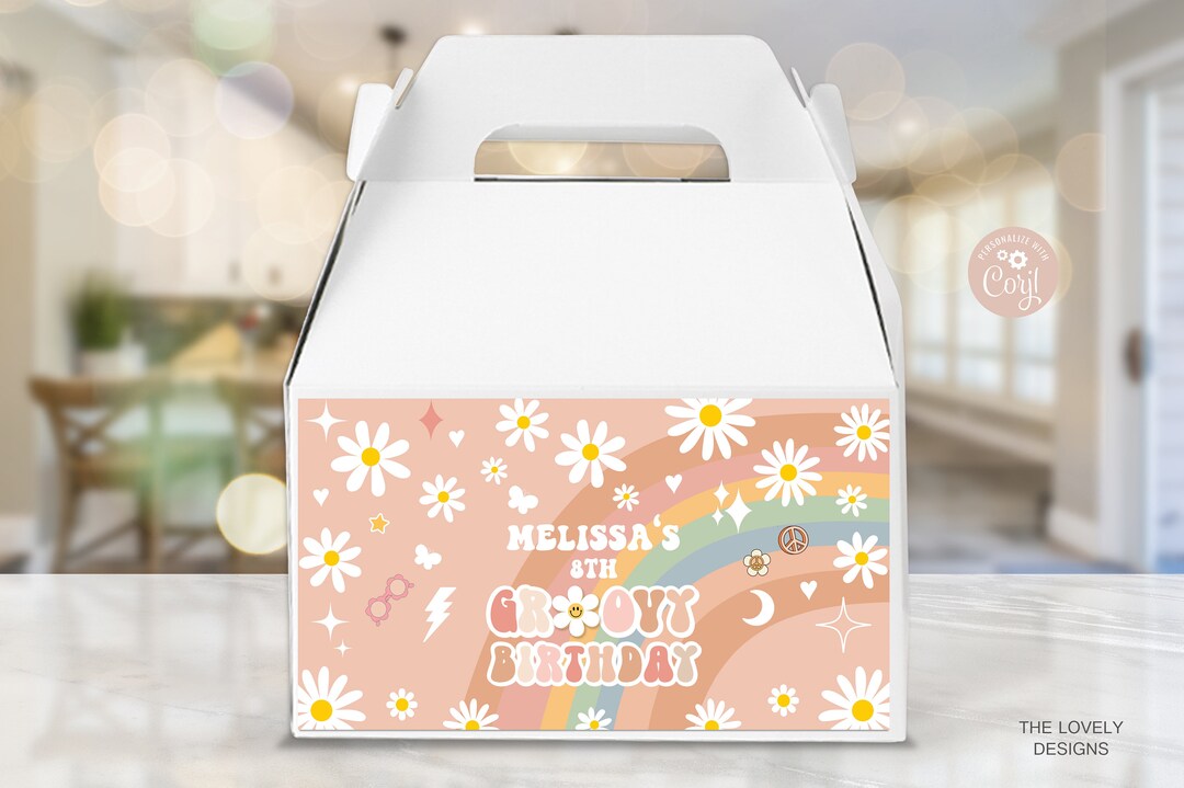 Editable Groovy Birthday Gable Box Label Groovy Daisy Rainbow Hippie ...