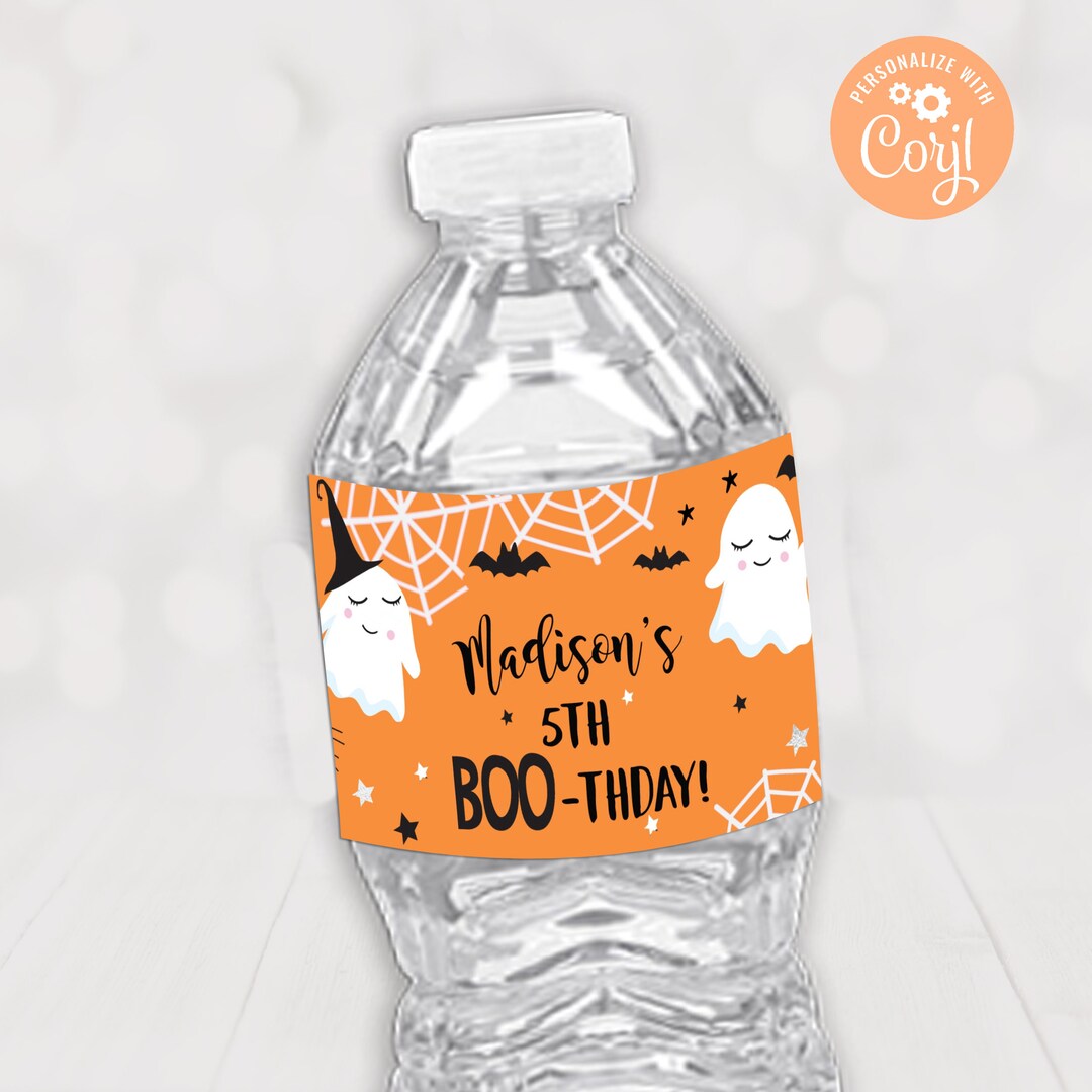 Editable Halloween Bottle Label Halloween Orange Ghost Birthday Water ...