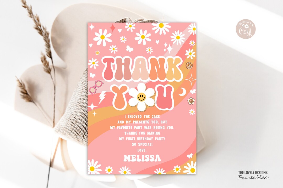 Editable Groovy Thank You Card Groovy Birthday Rainbow Tricolor Daisy ...