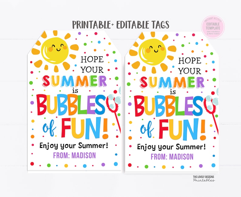 End of School Bubble Tags Summer Bubble Favor Tag Kids Preschool ...